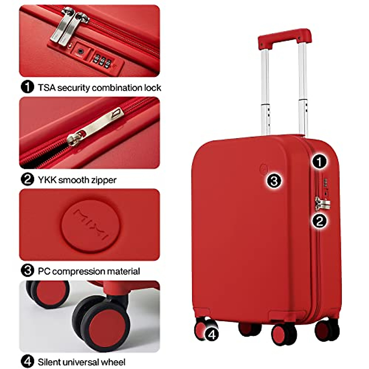 Carry on Luggage, Mixi Suitcase Spinner Wheels Luggage Hardshell Lightweight Rolling Suitcases PC with Cover & TSA Lock for Business Travel Red