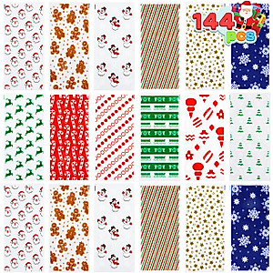 JOYIN 144 PCS Christmas Cellophane Bags with Ribbon Candy Cookie Bags for Holiday Treats, Christmas Party Favors Supplies, Christmas Clear Cello Gift Bags, Xmas Goodie Bags