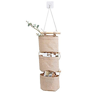 AARAINBOW 1 Pack Mini Cotton Linen Fabric Closet Detachable Foldable Washable Hanging Storage Bag with 3 Pockets Over The Wall Door Organizer for Room Bathroom (Khaki)