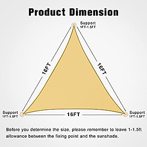 MR. COVER Triangle Sun Shade Sail 16 x 16 x 16 ft Rectangle for Patio Garden Backyard Outdoor Facility, Rip-Resistant & UV-Block, Double Stitched, Sand Color