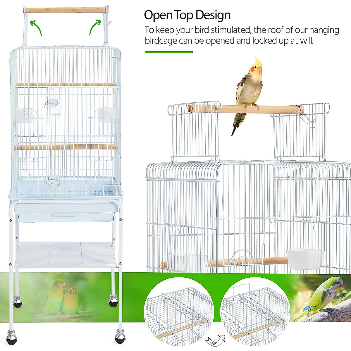 Yaheetech Play Open Top Parrot Bird Cages for Sun Parakeet Cockatiel Green Cheek Conure Lovebird w/Detachable Rolling Stand, White