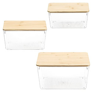 Navaris Transparent Plastic Storage Boxes with Lids - Set of 3 Clear Stackable Household Organizing Containers Bins with Bamboo Lids - S, M, L
