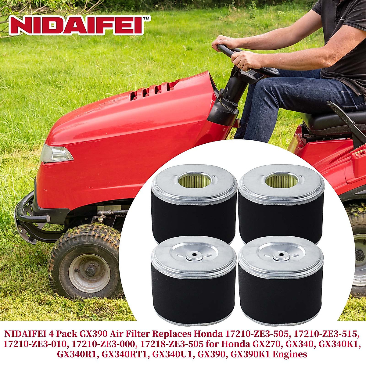 NIDAIFEI 4 Pack GX390 Air Cleaner Element Replaces Honda 17210-ZE3-010, 17210-ZE3-505, 17210-ZE3-515, 17218-ZE3-000, 17218-ZE3-505 for Honda GX270, GX340, GX340K1, GX340R1, GX340U1, GX390 Engine
