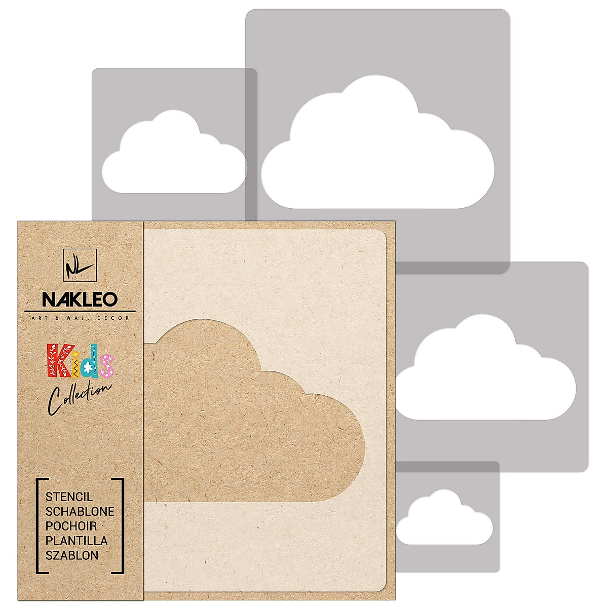 NAKLEO 5 pcs Reusable Plastic Stencils - Cloud Cloudlet Nimbus - 13.4" to 3.5" - Pattern Children Kids Painting Template Room Decor - Craft DIY Wall Furniture