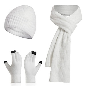 ecodudo Women Winter Beanie Hat Scarf Set Touch Screen Gloves Set with Pom for Women (White)