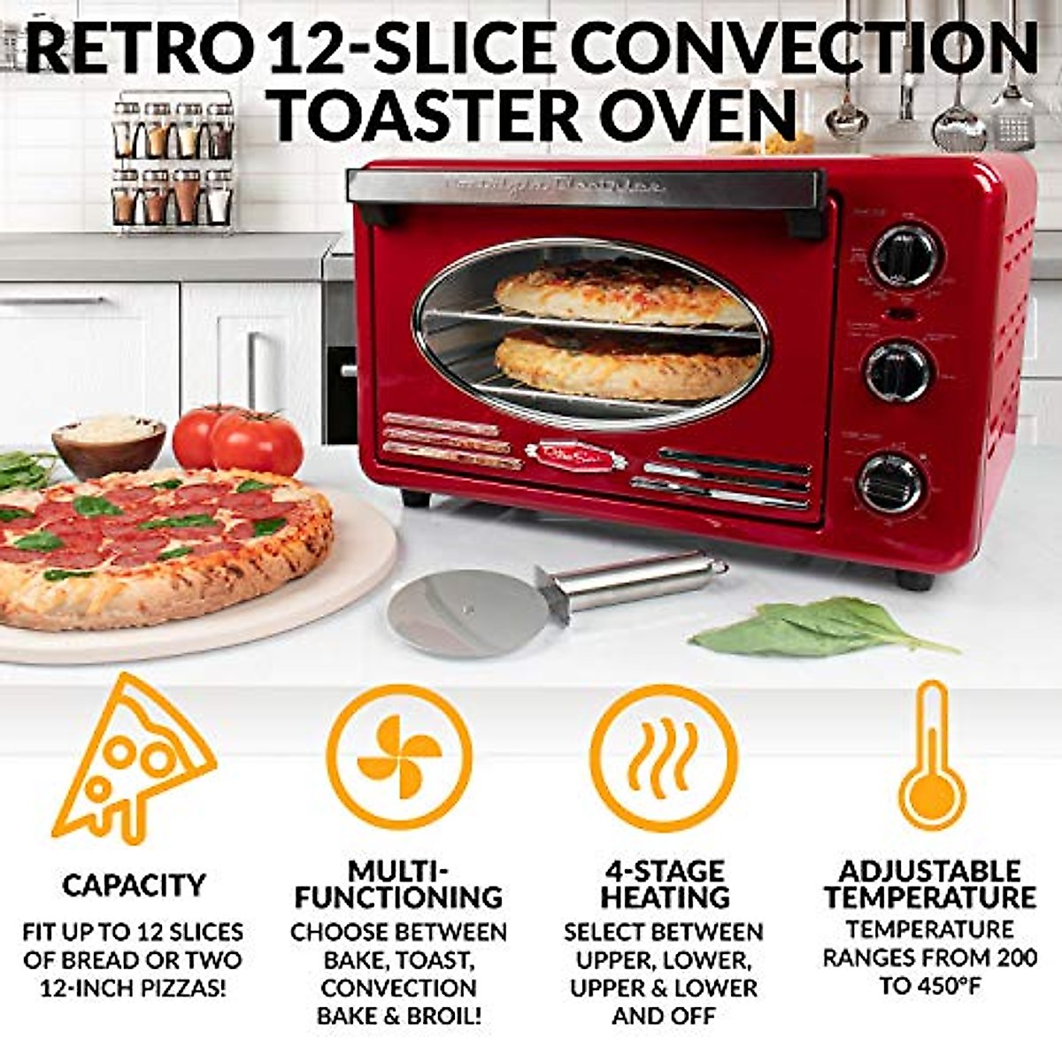Nostalgia RTOV2RR Large-Capacity 0.7-Cu. Ft. Capacity Multi-Functioning Retro Convection Toaster Oven, Fits 12 Slices of Bread and Two 12-Inch Pizzas, Built In Timer, Includes Baking Pan,Metallic Red