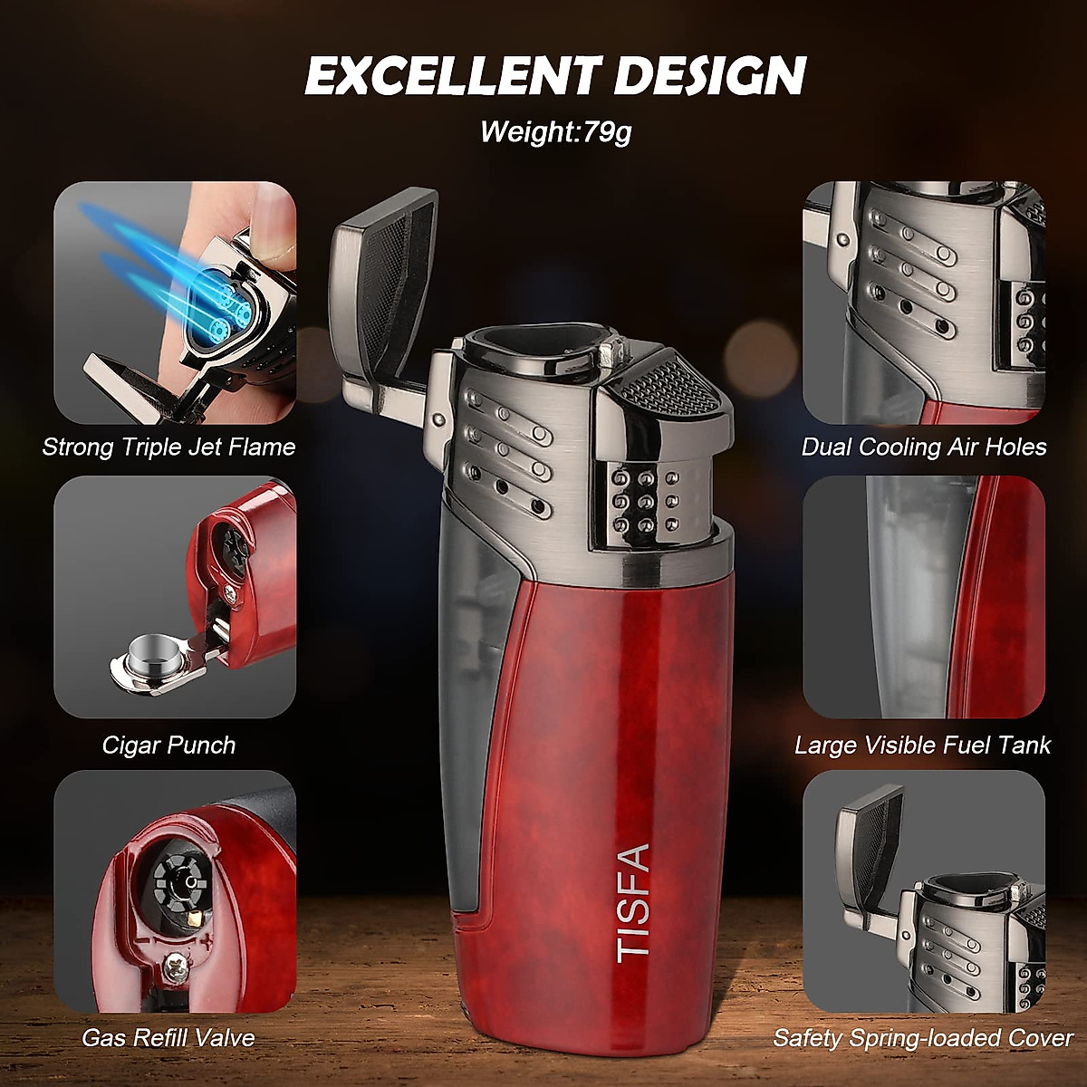 TISFA Torch Lighter Triple Jet Flame Cigar Lighter, Refillable Butane Lighter with Built in Cigar Punch and Fuel Visible Window, Adjustable Windproof Pocket Lighters for Smoking with Gift Box (Red)
