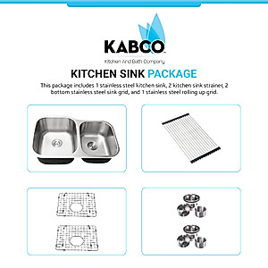 KABCO 32 Inch Big Double Unequal Bowl Stainless Steel Classic Kitchen Sink, Rust Resistant, Sound and Heat Proof 18 Gauge Undermount Sink with Sink Strainers, Sink Grids and rolling up grid