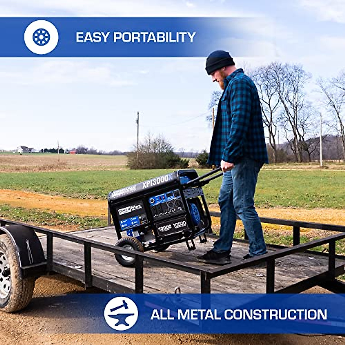 DuroMax XP13000X 13,000-Watt/10,500-Watt 500cc Electric Start Gas Powered Portable Generator w/ CO Alert, Black/Blue