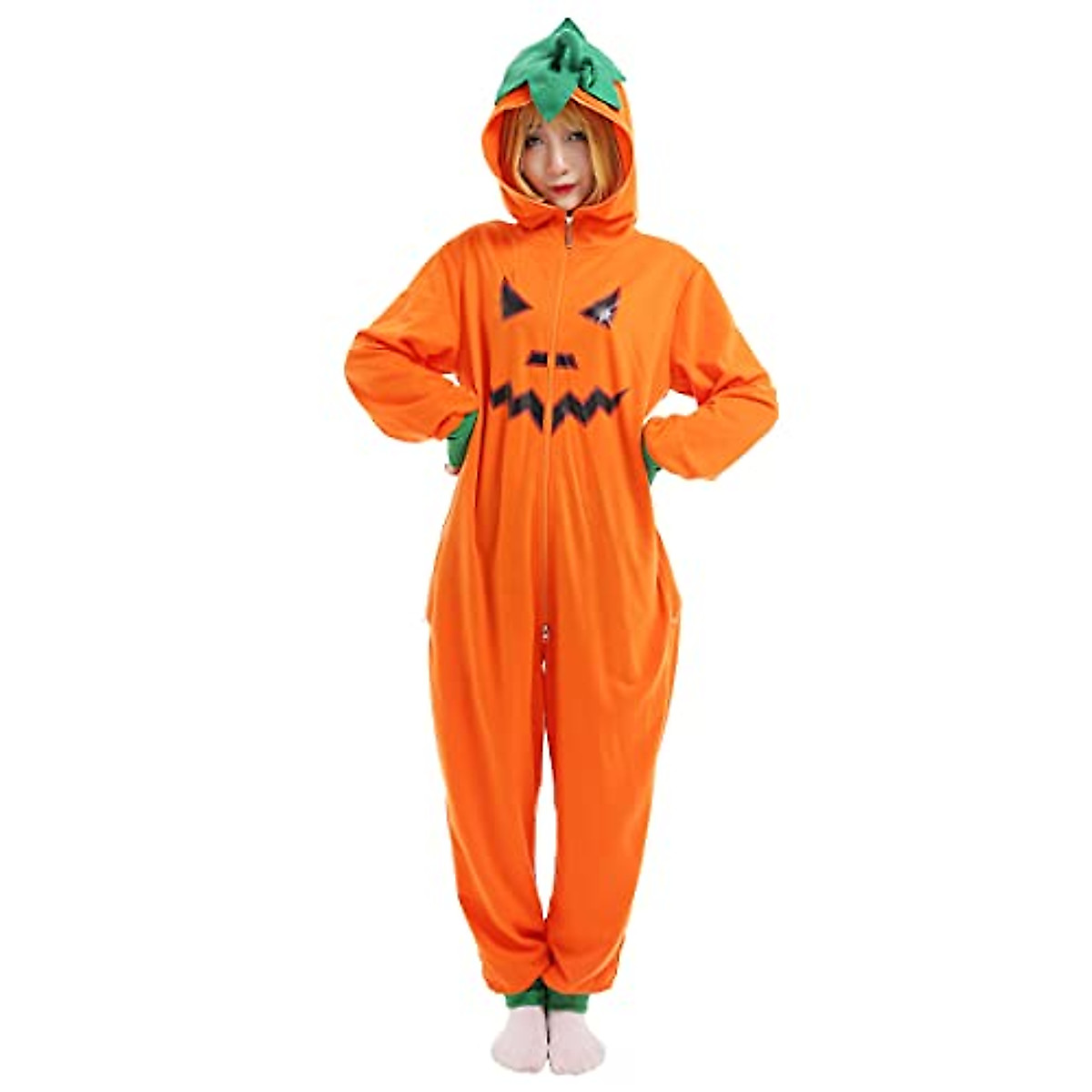 haikyuu Halloween Onesie Pajamas Adult Bat Skellington Printed Long Sleeve Hooded Kigurumi Sleepwear Jumpsuit Costume Outfits (small, Pumpkin-yellow)