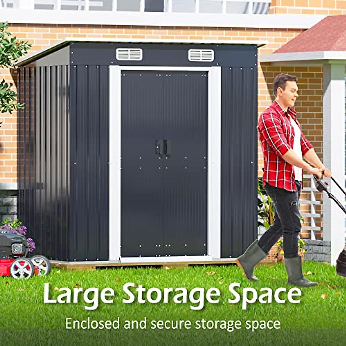 HOGYME Storage Shed 6' x 3.6' Outdoor Storage Metal Shed Garden Sheds with Double Sliding Door, Steel Tool Sheds for Lawnmower, Generator, Bike, Trash Can Gray