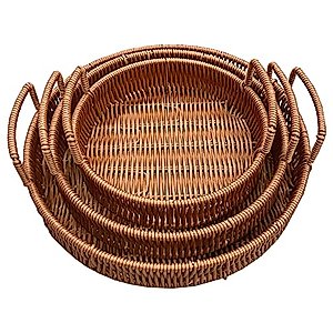 3 Pack Woven Serving Tray with Handles, Imitation Rattan Woven Tray, Hand-Woven Tray,Woven Basket, Storage Basket, Round Double Handle (Imitation Rattan, Brown)