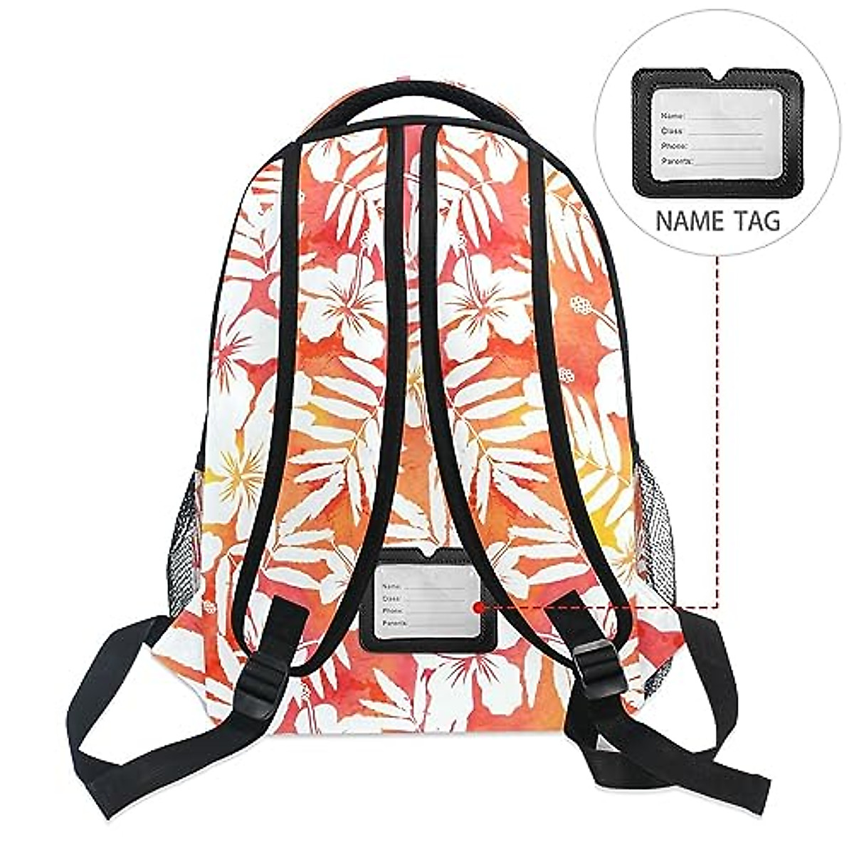 Sletend Student Backpack with Name Tag Slot Hibiscus Flower Palm Leaf Lightweight and Comfortable School Bag Laptop Backpack