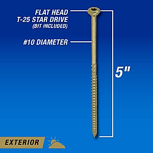 Power Pro 48617 Wood Screws, #10 x 5", Premium Outdoor Deck Screws, Rust Resistant, Epoxy Coated Bronze, 5lb Tub, 213 pcs