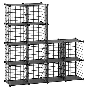 HUBSON Wire Cube Storage Organizer, 12-Cube Metal Grids Storage Shelf, Closet Cabinet, DIY Plastic Cube Bookcase Modular Closet Cabinet for Bedroom, Living Room, Office, Black