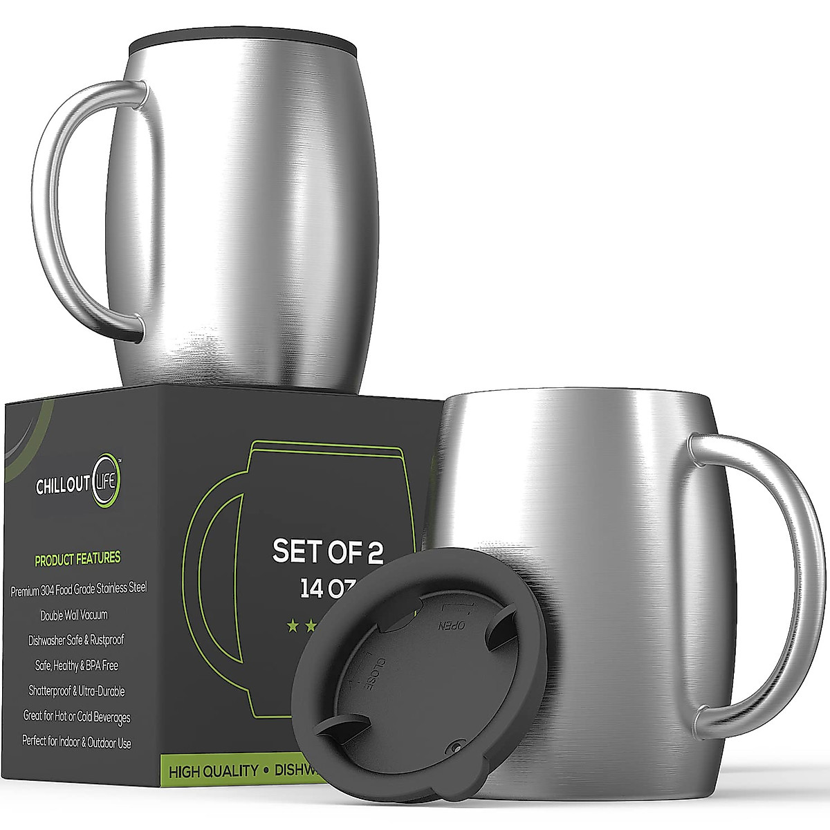 Stainless Steel Insulated Coffee Mugs Set of 2 (14oz) – Double Wall Coffee Cups with Spill Resistant Lid & Strong Handle, Shatterproof Cups for Cold Drinks and Hot Beverages, Indoor & Outdoor Use