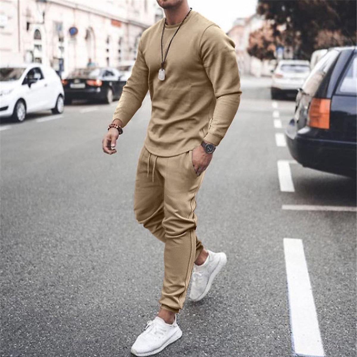 Men's Tracksuit Long Sleeve Round Neck Sweatshirts Tops Pants Set Two Piece Sweatsuits Outfits Sports Suit(Khaki,X-Large)