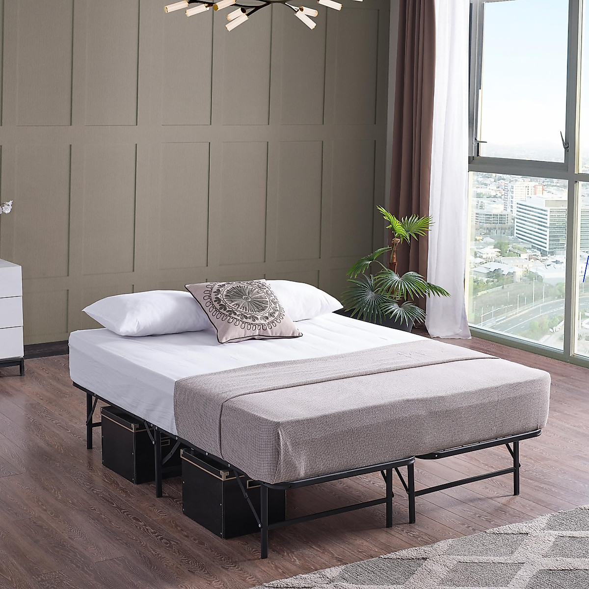 MACTUR Foldable Metal Bed Frame Queen Size Metal Platform Easy Assembly Heavy Duty Noise Free Bed Frame 13 Inches of Clearance Underbed Storage Sturdy Steel Frame, Queen, Black