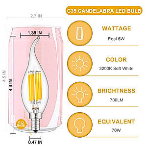 CRLight 6W 3200K LED Candelabra Bulb Soft White 700LM Dimmable, 70W Equivalent E12 Base LED Candle Bulbs, C35 Clear Glass Flame Shape Bent Tip, 360 Degrees Beam Angle, Pack of 6
