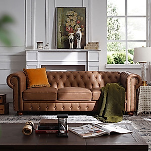 Neylory Leather Couches for Living Room, 3 Seater Classic Chesterfield Sofa Couch with Button Tufted Back and Roll Arms, 88.5-Inch Faux Leather Sofa with Nailhead Trim and Solid Wood Legs (Brown)