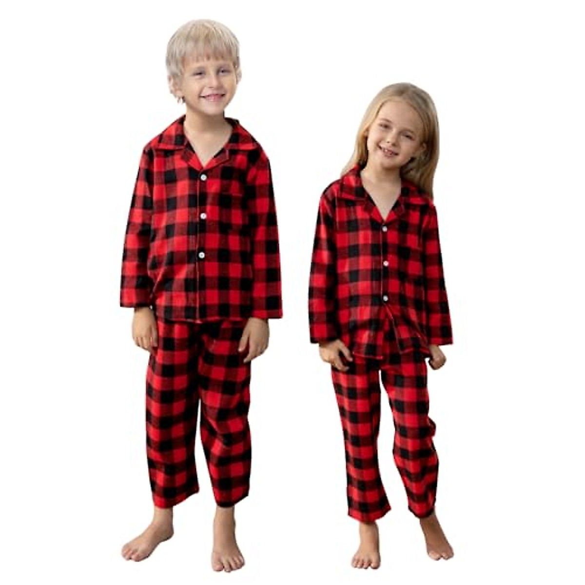 Schbbbta Kids Button Down Sleepwear Pjs Boys & Girls 2 Piece Plaid Pajama Set, Red Black, 4-5T = Tag 120