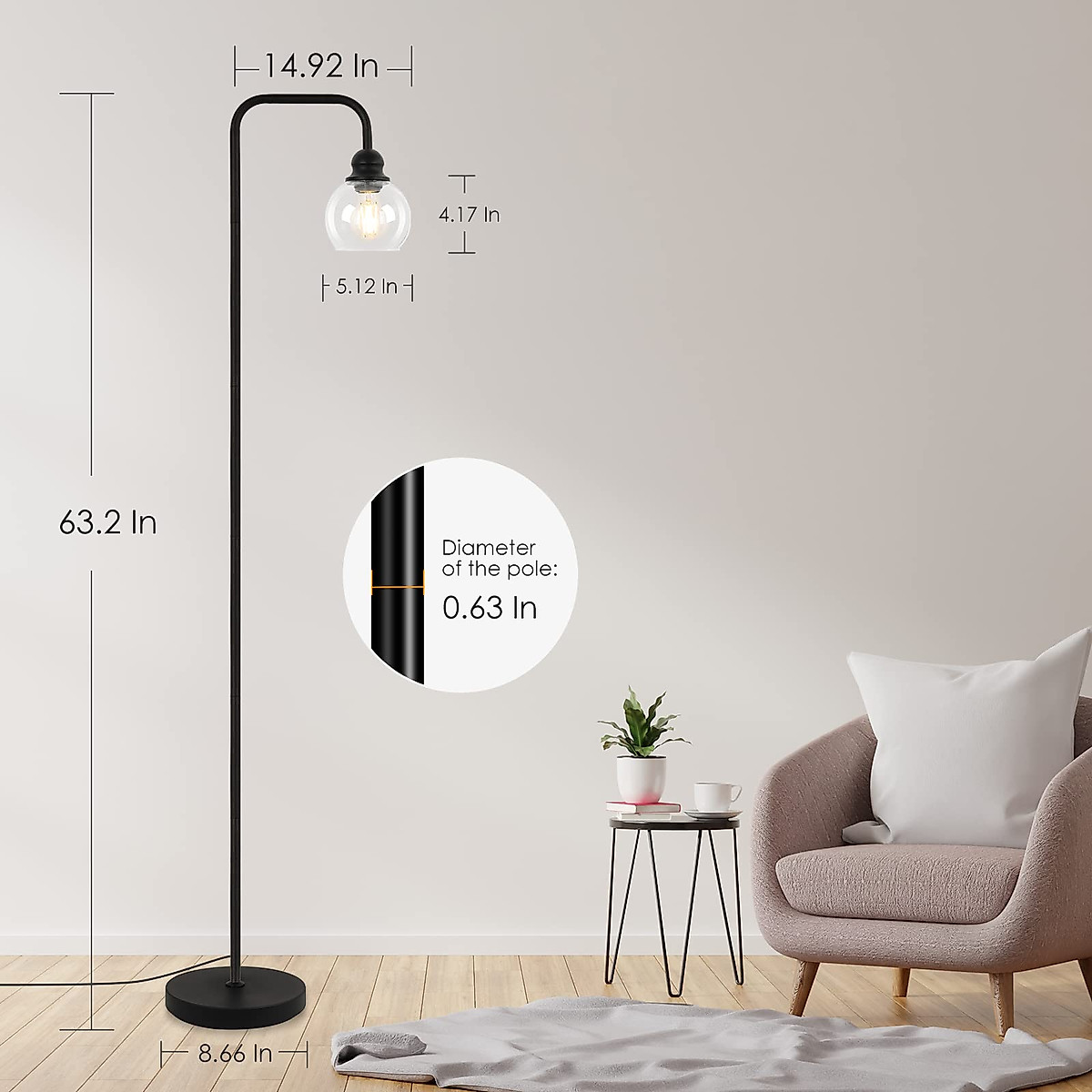 Modern LED Floor Lamp, Industrial Floor Lamps with Hanging Clear Glass Shade, Black Classic Reading Tall Lamp for Office, Standing Lamps for Living Room Study Room Bedroom Farmhouse(Bulb Incl.)