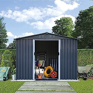 Outdoor Storage Shed 8 x 6 FT Large Metal Tool Sheds, Heavy Duty Storage House with Sliding Doors with Air Vent for Backyard Patio Lawn to Store Bikes, Tools, Lawnmowers Dark Grey