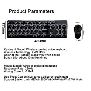 Rechargeable 2.4G Wireless Keyboard and Mouse Combo, Luminous Mute Keyboard Mouse for Office Gaming Laptop PC Home Use (Black with White Light)