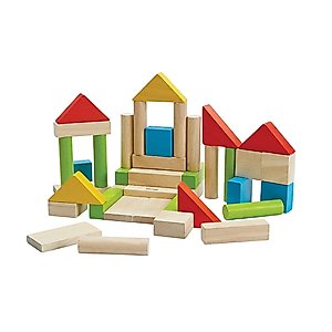 PlanToys Wooden Building Blocks - 40 Unit Blocks Natural and with Color (5513) | Sustainably Made from Rubberwood and Non-Toxic Paints and Dyes
