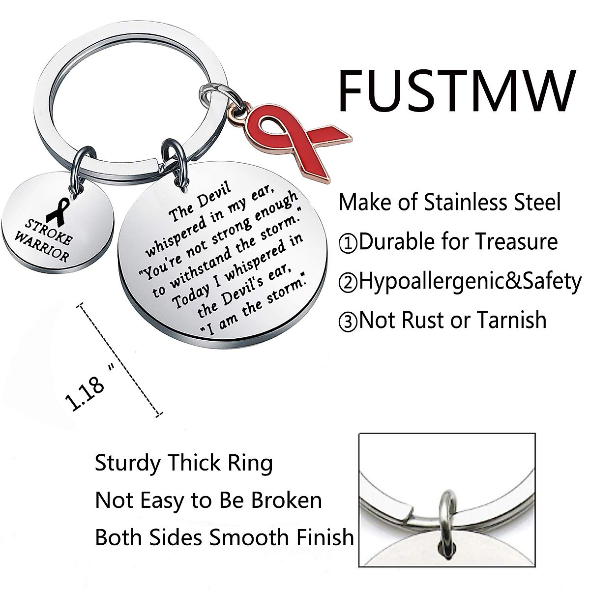 FUSTMW Stroke Awareness Keychain Stroke Warrior Gifts I Am The Storm Stroke Survivor Jewelry Recovery Gifts Red Ribbon Cancer Inspirational Gifts (silver)