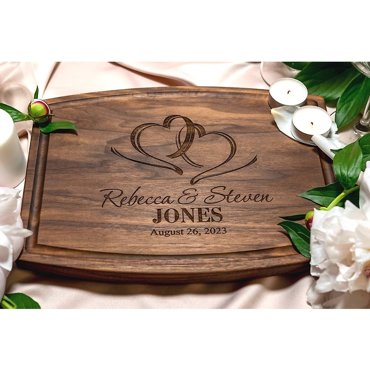 Personalized Cutting Board, Custom Wedding, Anniversary or Housewarming Gift Idea, Wood Engraved Charcuterie, for Newlyweds and Couples, Two Hearts Design 027
