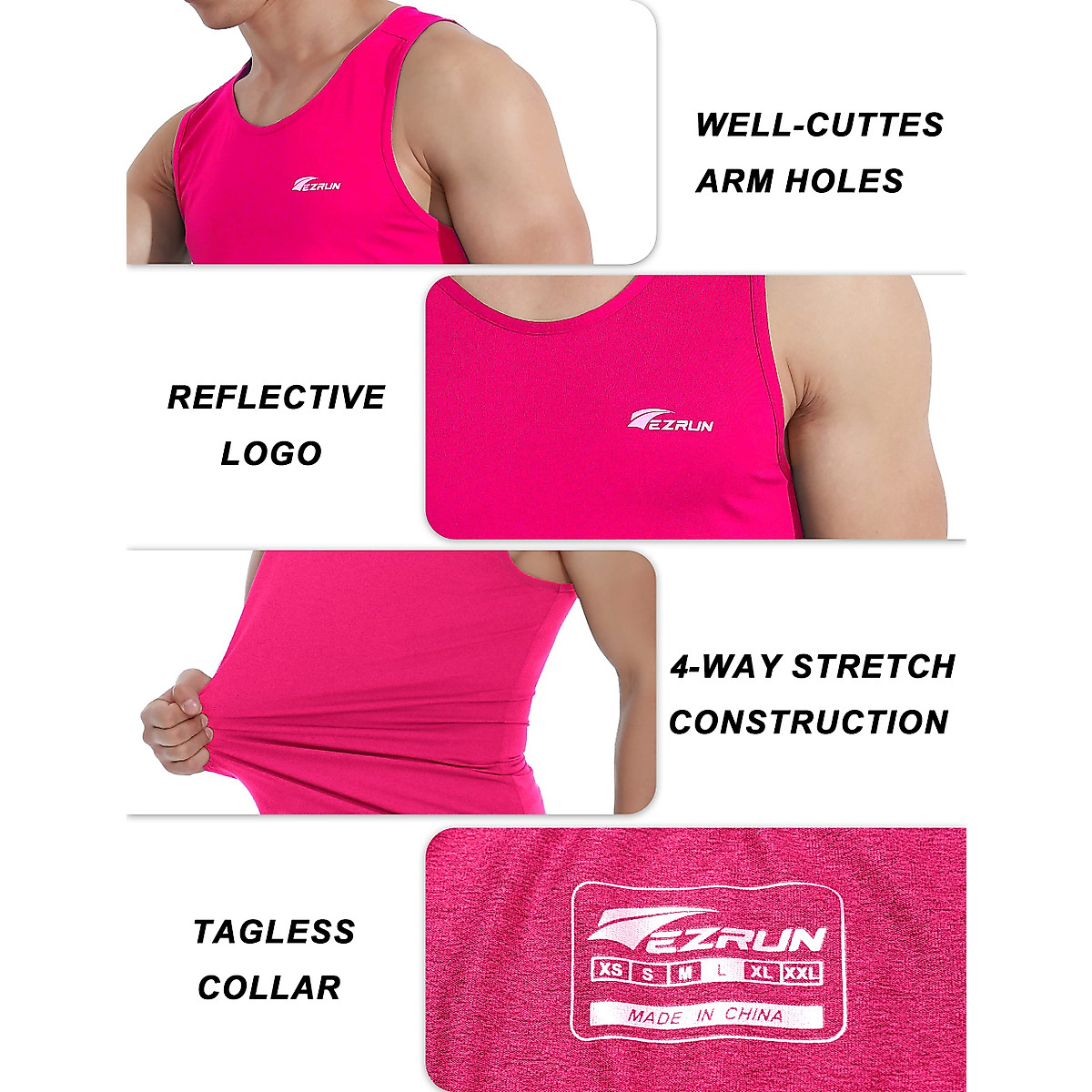 EZRUN Men's Quick Dry Workout Tank Top Swim Beach Shirts for Gym Athletic Running Muscle Sleeveless Shirts(NeonPink,m)