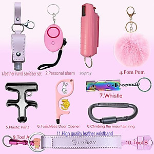 PUEZOKLY Pink keychain Gift Set for Woman Car keys with Card Holder PU Wristlet Lanyard Pom Pom Ball,Travel Bottle Holder