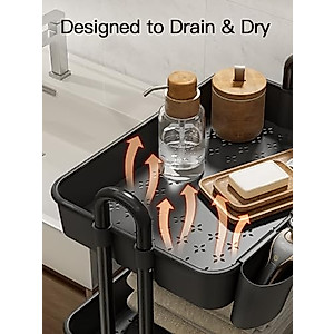 Pipishell 4-Tier Rolling Cart, Utility Cart with Lockable Casters, PP Plastic Storage Baskets, Hanging Cups & Hooks, Rolling Cart for Living Room, Bedroom, Kitchen, Bathroom, Art Studio(Black)