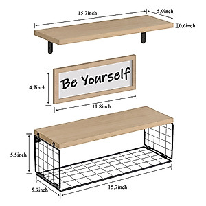 KOROI Bathroom Shelves Over Toilet，Floating Shelves Wall Mounted with Storage Basket，Wall Shelves for Bathroom，Bedroom,Living Room (Light Brown)