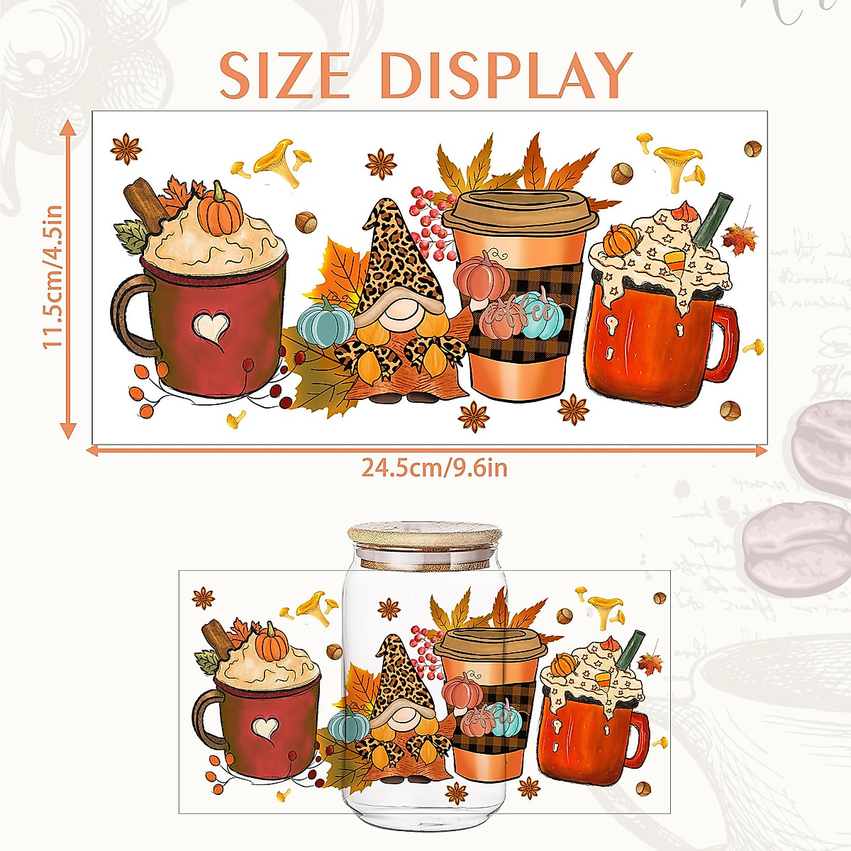 10 Sheet UV DTF Cup Wrap, Fall Theme Harvest Pumpkin Maple Leaf Rub on Transfers for Glass Crafting Glass Cups Wrap Transfer Stickers Decals Waterproof Rub on Transfers for Crafting