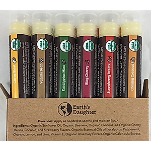 USDA Organic Lip Balm 6-Pack by Earth's Daughter - Fruit Flavors, Beeswax, Coconut Oil, Vitamin E - Best Lip Repair Chapstick for Dry Cracked Lips - Moisturizing Lip Care For Kids And Adults