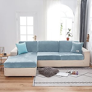 Velvet Couch Cushion Covers for L/U Shape Sofa, Stretch 3 2 1 4 Seat Cover Loveseat Chaise Lounge Sofa Slipcovers Sectional Non-Slip Furniture Protector (Light Blue 3 Seat)