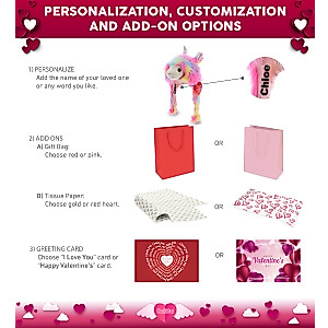 DolliBu I Love You Valentine Plush Rainbow Llamacorn Hat - Cute Stuffed Animal with Red Heart and Name Personalization Gift