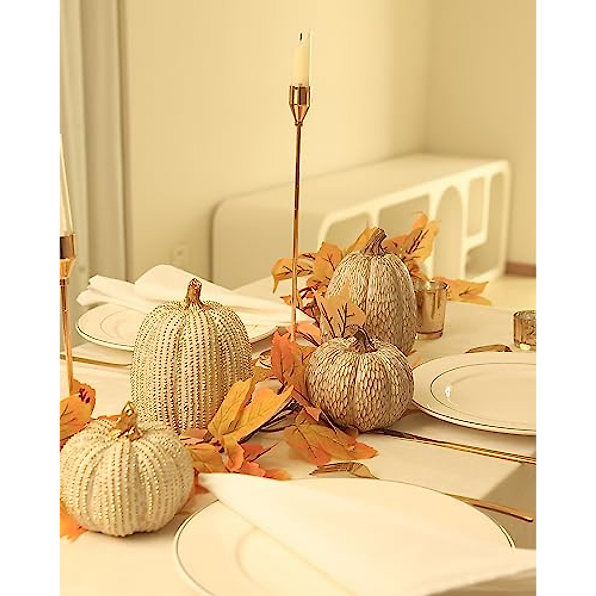 DN DECONATION Thanksgiving Resin Pumpkin Statue, Brown and White Pumpkin Figurine, Faux Decorative Pumpkins for Table Centerpiece, Countryside Autumn Fall, Set of 2, Gift
