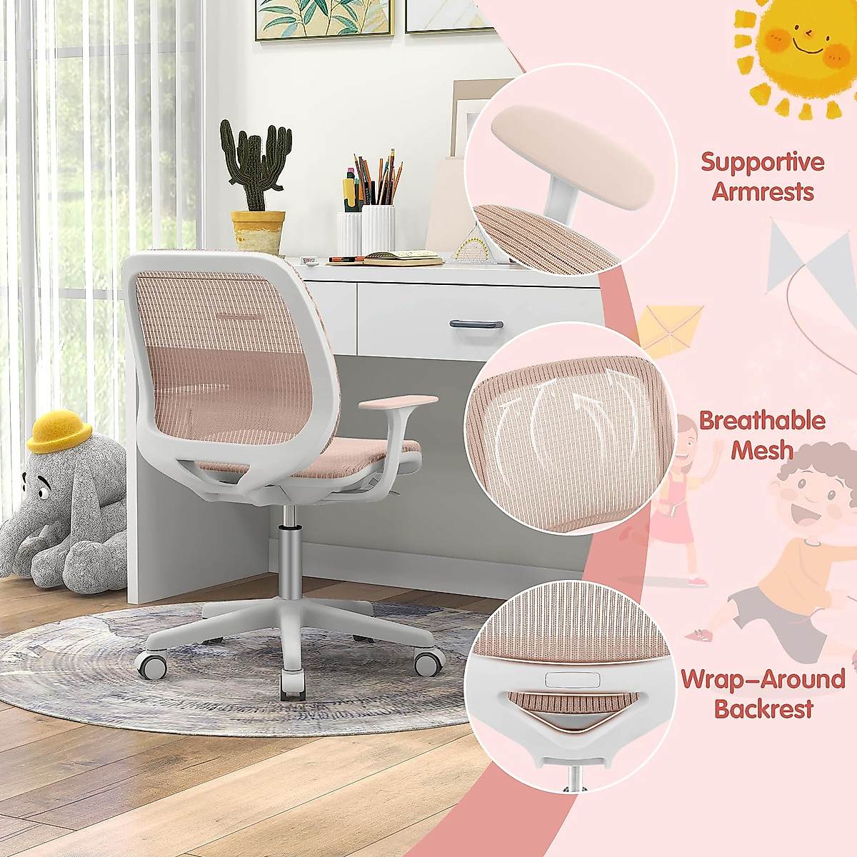 HONEY JOY Kids Desk Chair, Children Computer Chair with Adjustable Height, Ergonomic Kids Office Study Chair with Sit-Brake Wheels, Swivel Mesh Task Desk Chair for Teens Boys Girls (Pink)