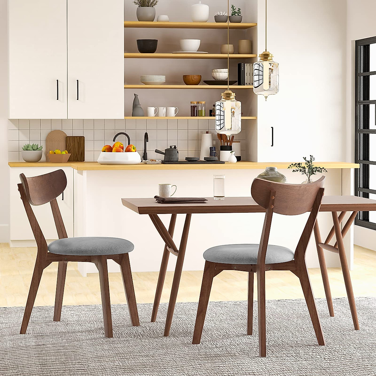 COSTWAY Dining Chairs Set of 2, Mid-Century Modern Kitchen & Dining Chairs with Curved Back and Cushioned Seat, Walnut Finished Wood Living Room Side Chairs for Kitchen, Dining Room, Bistro