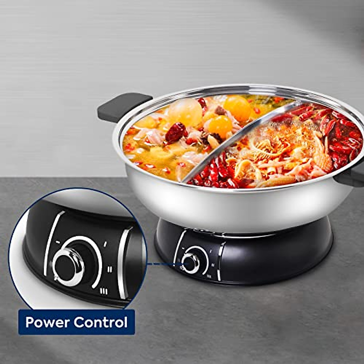 Austric Electric Shabu Shabu Hot Pot, 304 Stainless Steel Hot Pot with Divider Electric pot with Tempered Glass Lid for Party, Family Gathering,5L large capacity… (HS-160BU-Classic)