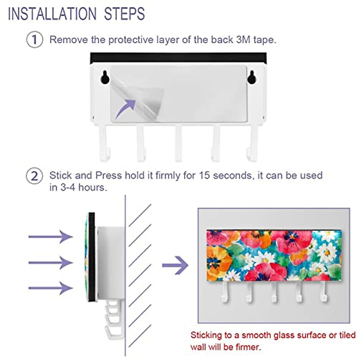 Hand Drawn Retro Colorful Flowers Background Mail Holder Organizer and Key Hooks PU Front, Self Adhesive Key Rack with 5 Hooks Perfect for Entryway, Hallway，Bathroom ，Kitchen