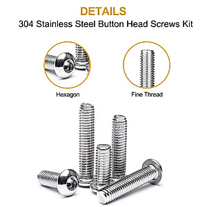 VIGRUE 570PCS Stainless Steel M3 Button Head Hex Socket Cap Screw Bolts, M3 x 4/5/6/8/10/12/14/16/18/20/25mm Screw and Nuts Flat Washer Assortment Kit, Fully Machine Thread