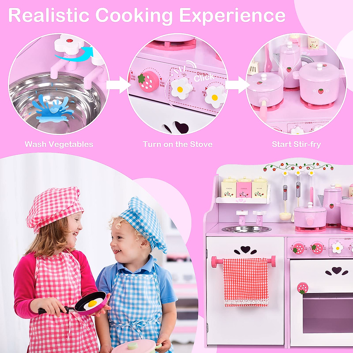 Costzon Kids Kitchen Playset, Wooden Pink Strawberry Themed Pretend Toy Set with 13-Pieces Cookware, Realistic Sound, Pot, Pan, Sink, Oven, Kitchen Set Gift for Toddlers, Girls