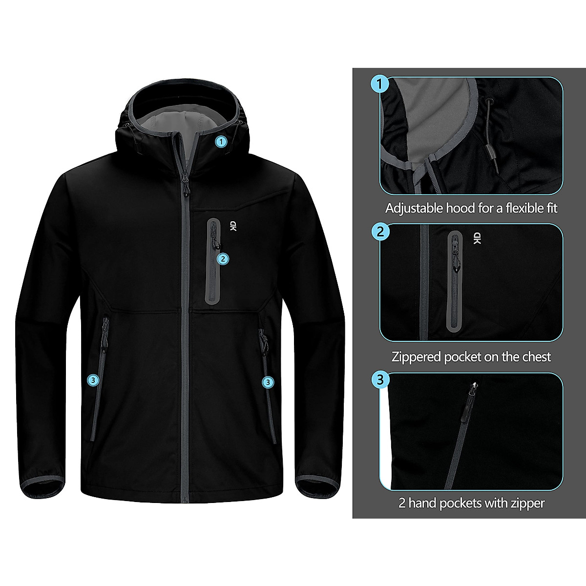 Little Donkey Andy Men's Lightweight Hooded Softshell Jacket for Running Travel Hiking, Windproof, Water Repellent Black Size L