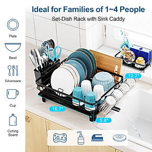GSlife 2 in Set of Dish Drying Rack and Sink Caddy - Dish Rack for Kitchen Counter with Slots, Utensil Holder, Cup Holder, Cutting Board Holder, Black