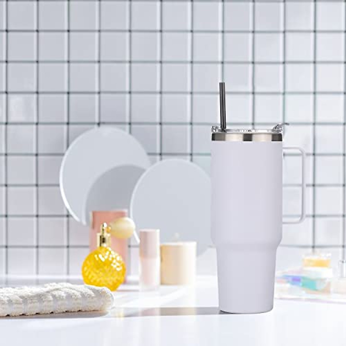 HASLE OUTFITTERS 40 oz Stainless Steel Tumbler with Handle, Vacuum Insulated Tumblers Bulk, Reusable Double Wall Travel Coffee Mug, Durable Powder Coated Water Bottle(White, 1)