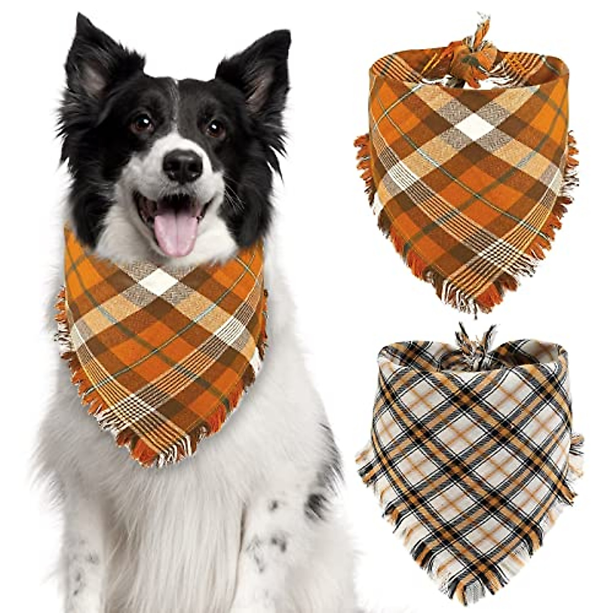 YUJUN 2 Pack Thanksgiving Pet Dog Bandana Fall Autumn Plaid Double Layer Fabric Reversible Triangle Bibs Scarf Pet Accessories for Thanksgiving Fall Small to Medium Pet Costume Supply(Tassel Style)